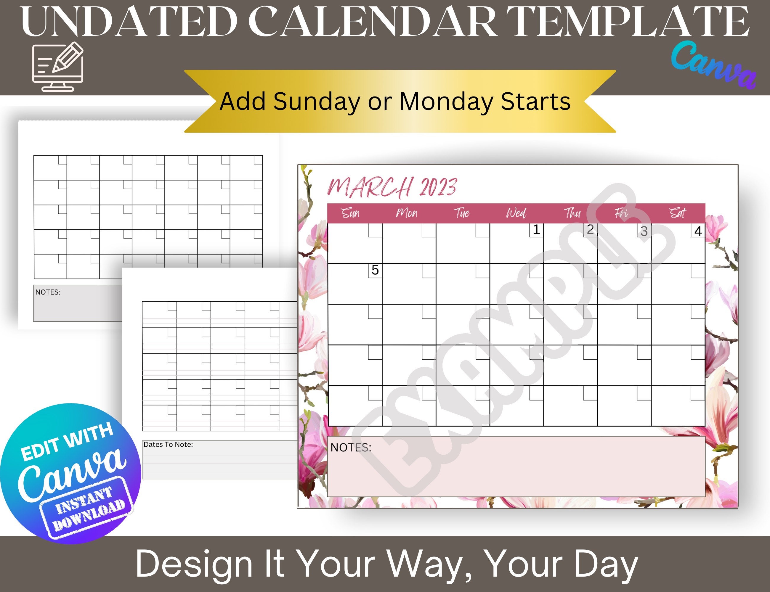 Editable Calendar Templates, Commercial Calendar, Undated Calendar ...