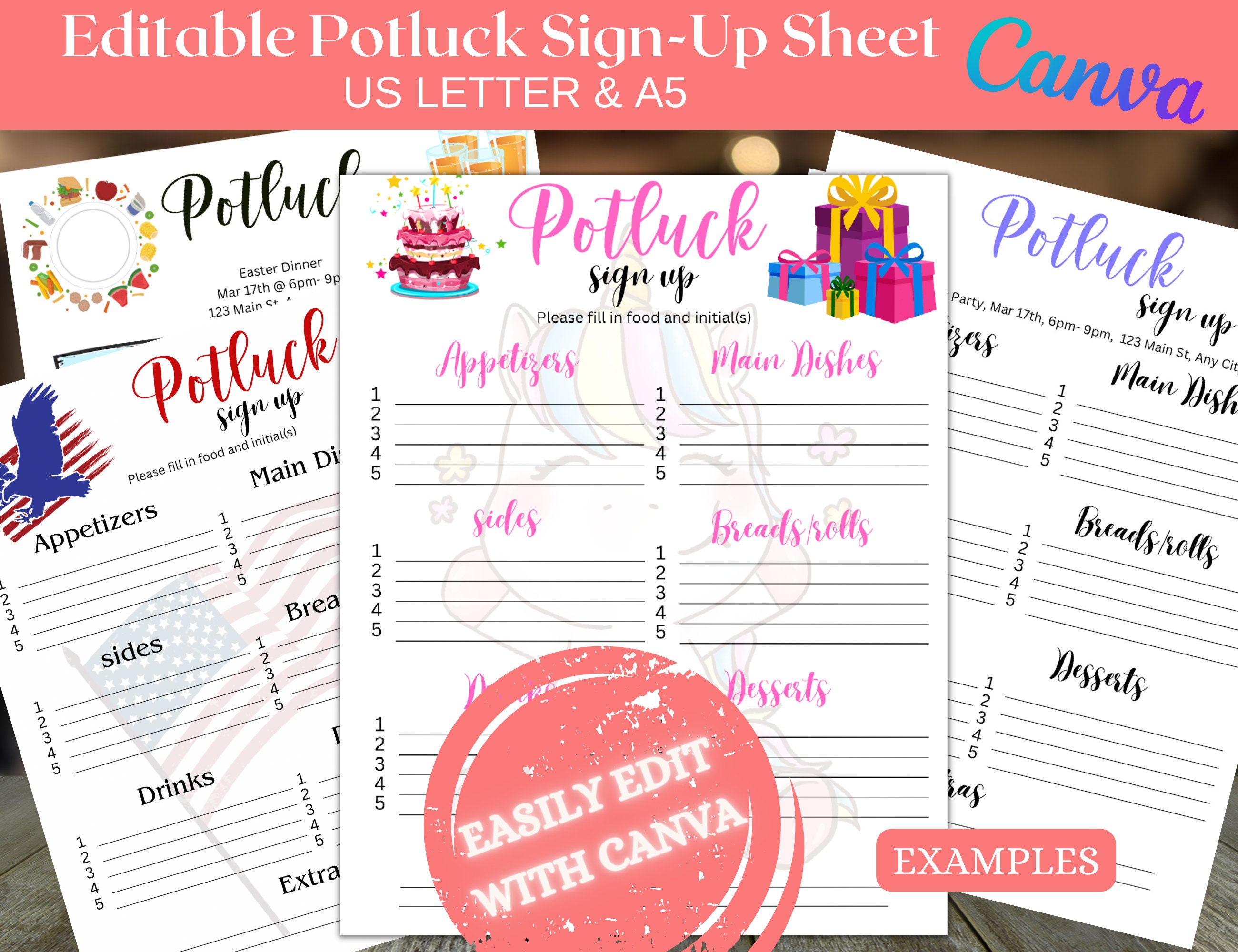 Editable Potluck Sign up Sheets With Canva | Easily Edit These Sheets ...