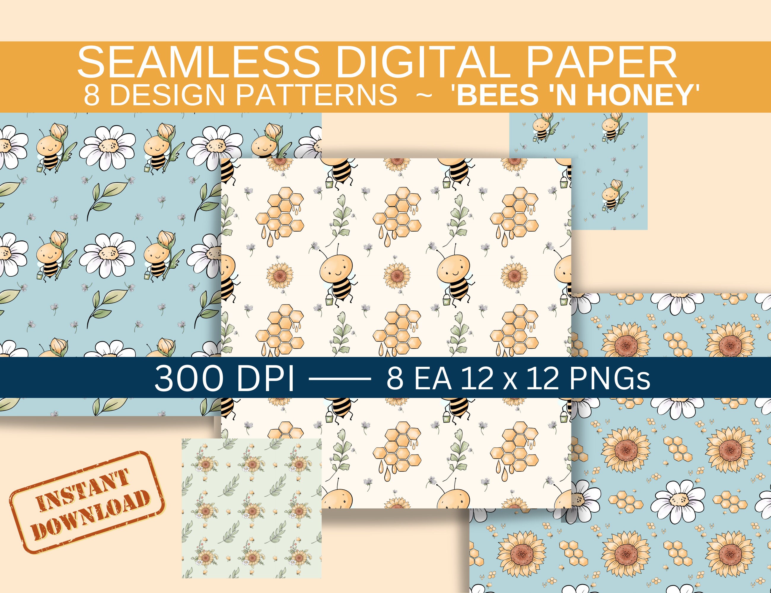 Seamless Digital Paper Bundle and Honey Bee Printable Seamless Patterns ...