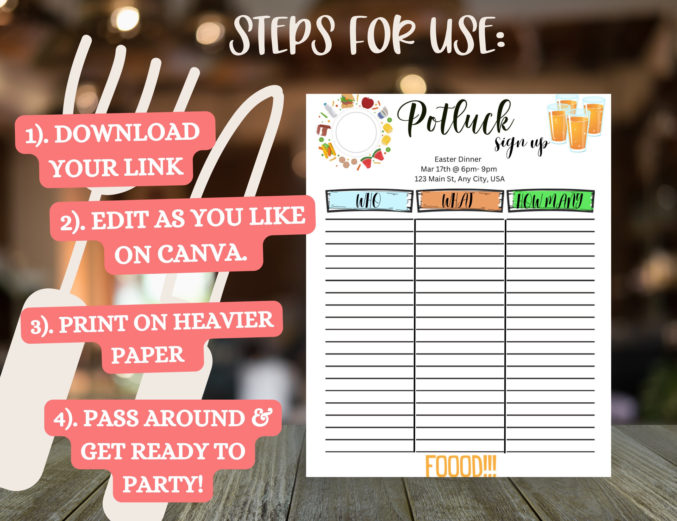 Editable Potluck Sign up Sheets With Canva | Easily Edit These Sheets ...