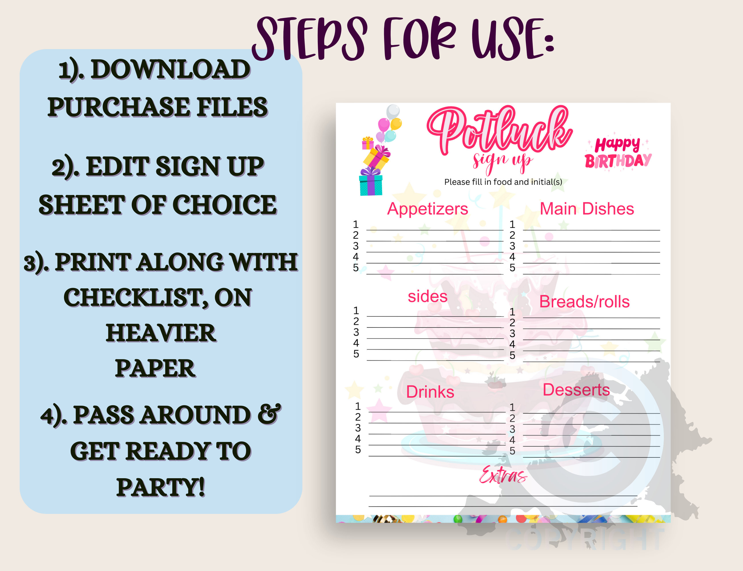 Potluck Sign up Sheet Birthday Party for Kids Boy Birthday Party Girl ...
