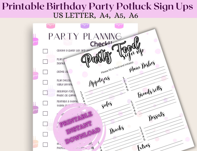 Printable Birthday Party Potluck Sign up Girl Birthday Party Food Sign ...