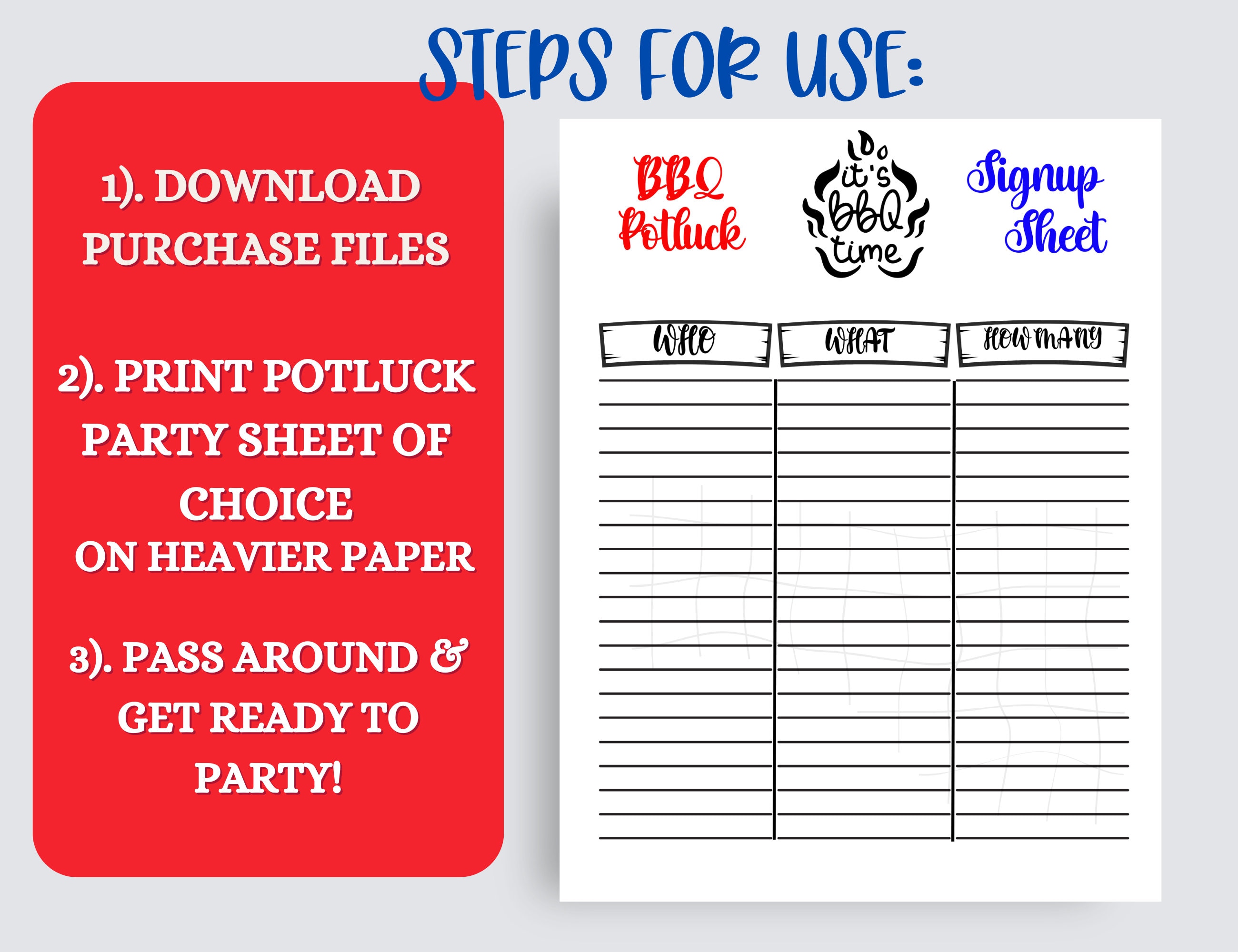 Summer BBQ Party Potluck Sign up Sheet Printable Potluck Party Summer ...