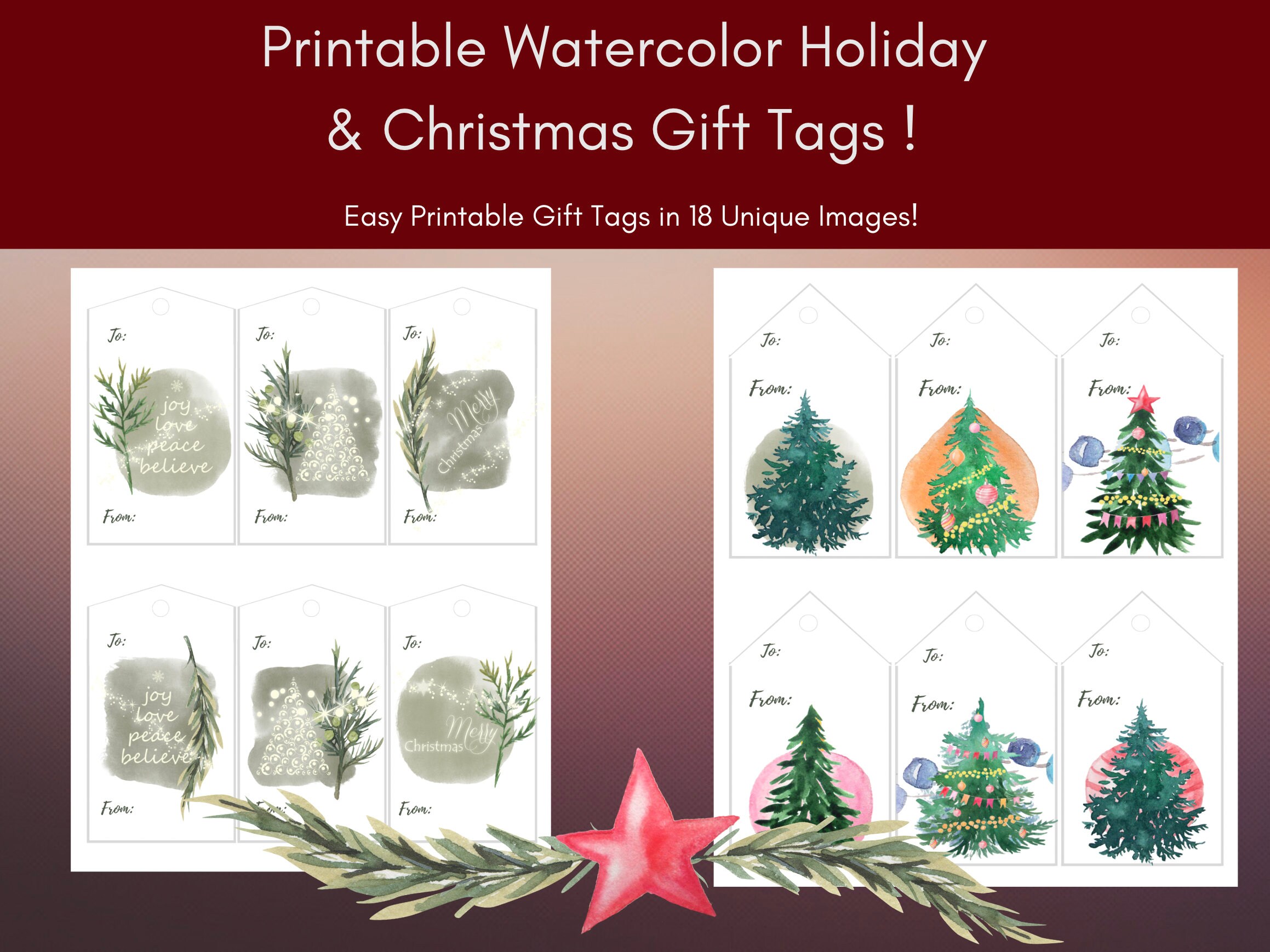 Christmas Gift Tags Printable Holiday Gift Tags, Multiple Watercolor ...