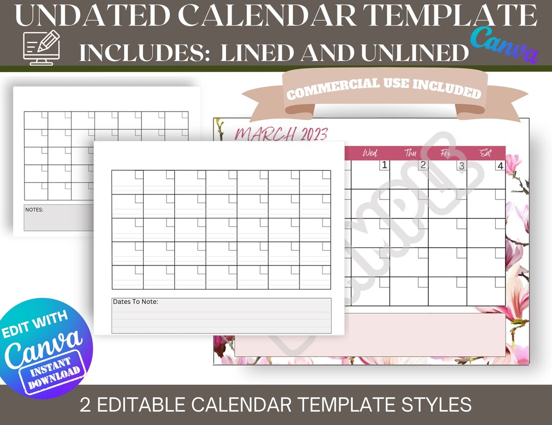Editable Calendar Templates, Commercial Calendar, Undated Calendar ...