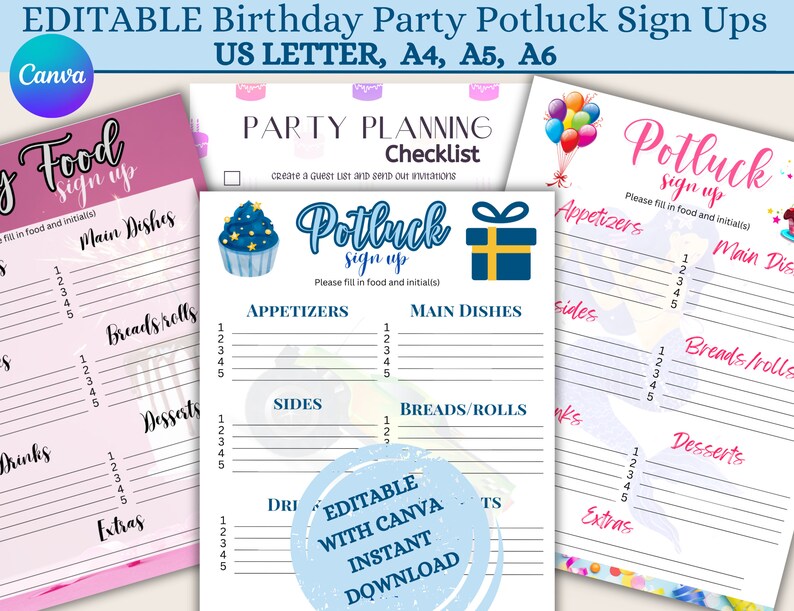 Potluck Sign up Sheet Birthday Party for Kids Boy Birthday Party Girl ...