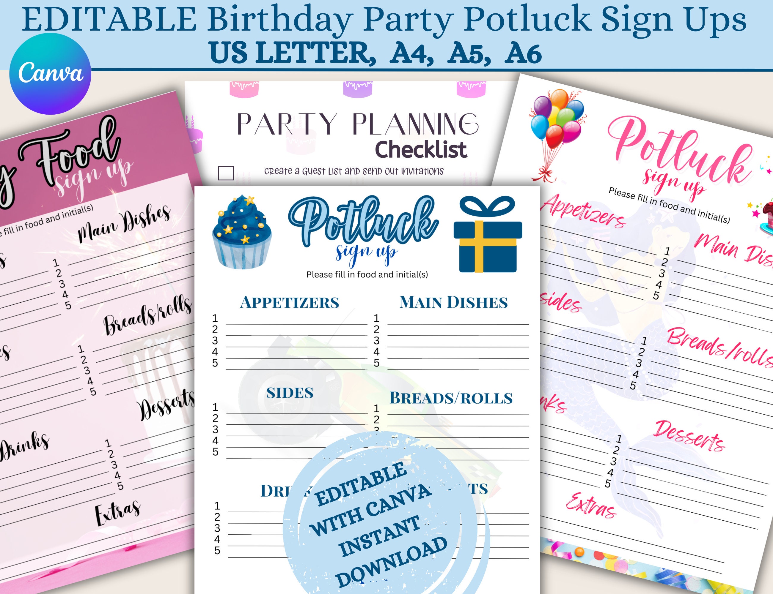 Potluck Sign up Sheet Birthday Party for Kids Boy Birthday Party Girl ...
