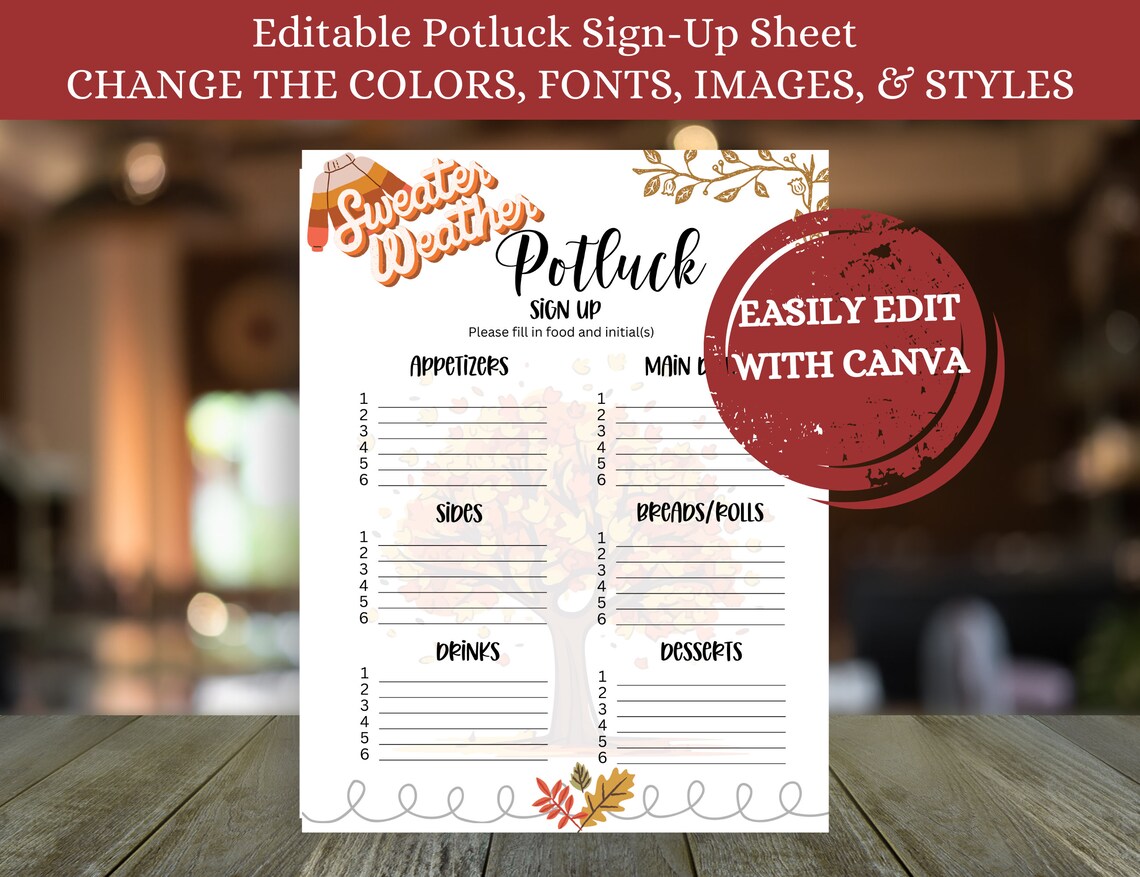 Editable Fall Potluck Sign up Sheet Holiday Sign up Sheet Autumn ...