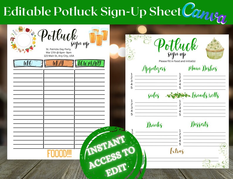 Editable Potluck Sign up Sheets With Canva Easily Edit These - Etsy
