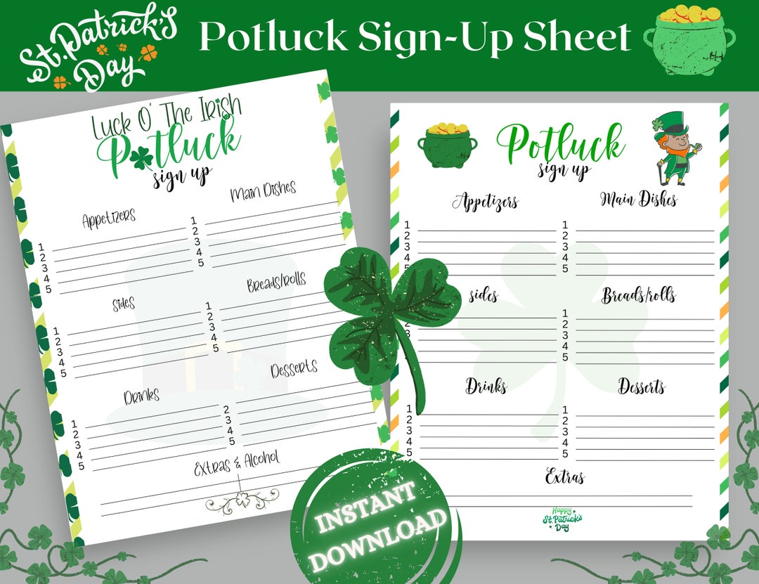 Printable St.patricks Day Holiday Potluck Sign up Sheet | Holiday Party ...