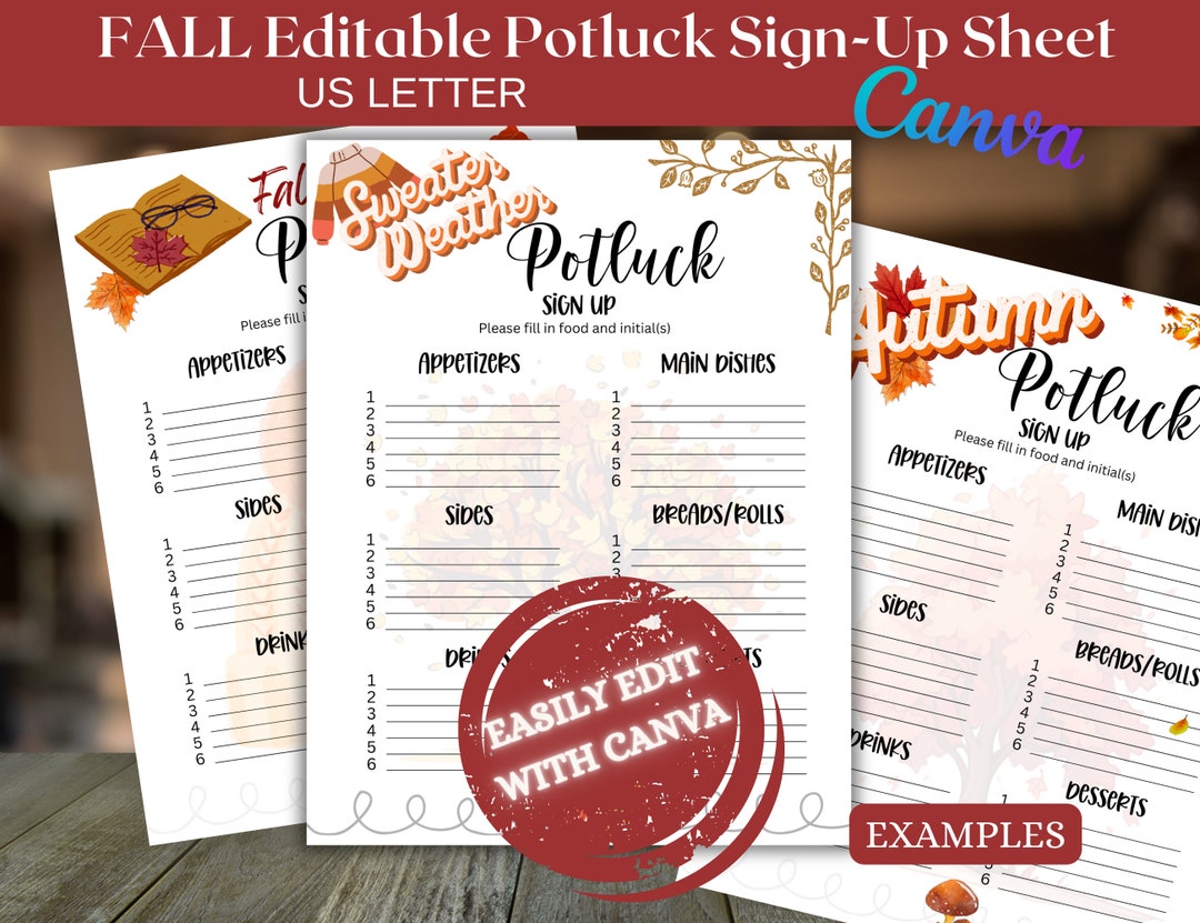 Editable Fall Potluck Sign up Sheet Holiday Sign up Sheet Autumn ...