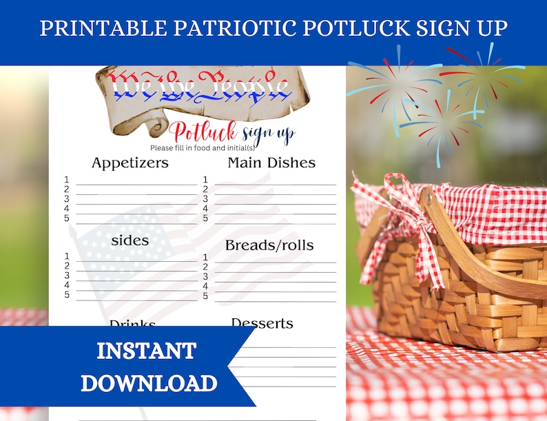 Printable Potluck Sign up Sheet Patriotic Sign up Form Independence Day ...