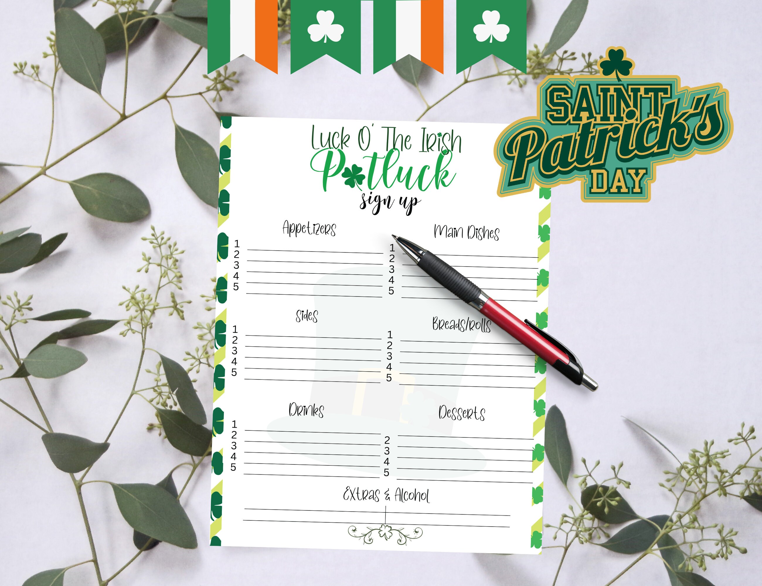 Printable St.patricks Day Holiday Potluck Sign up Sheet | Holiday Party ...