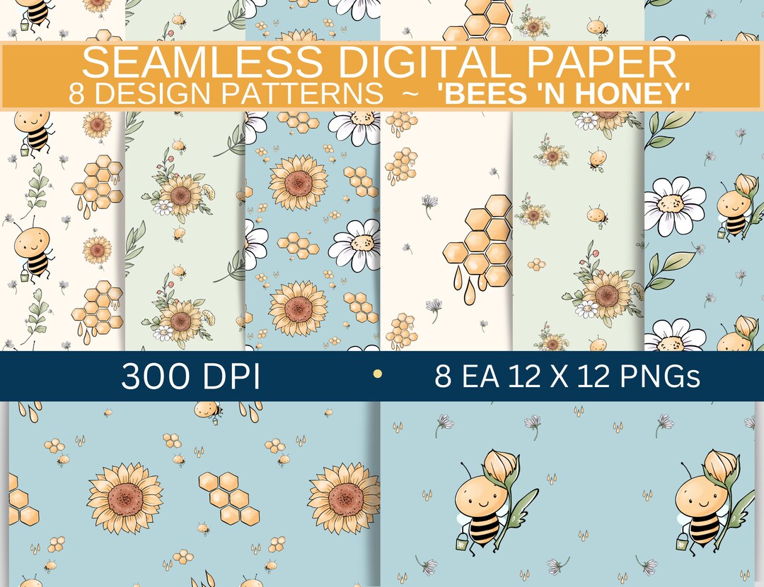 Seamless Digital Paper Bundle and Honey Bee Printable Seamless Patterns ...