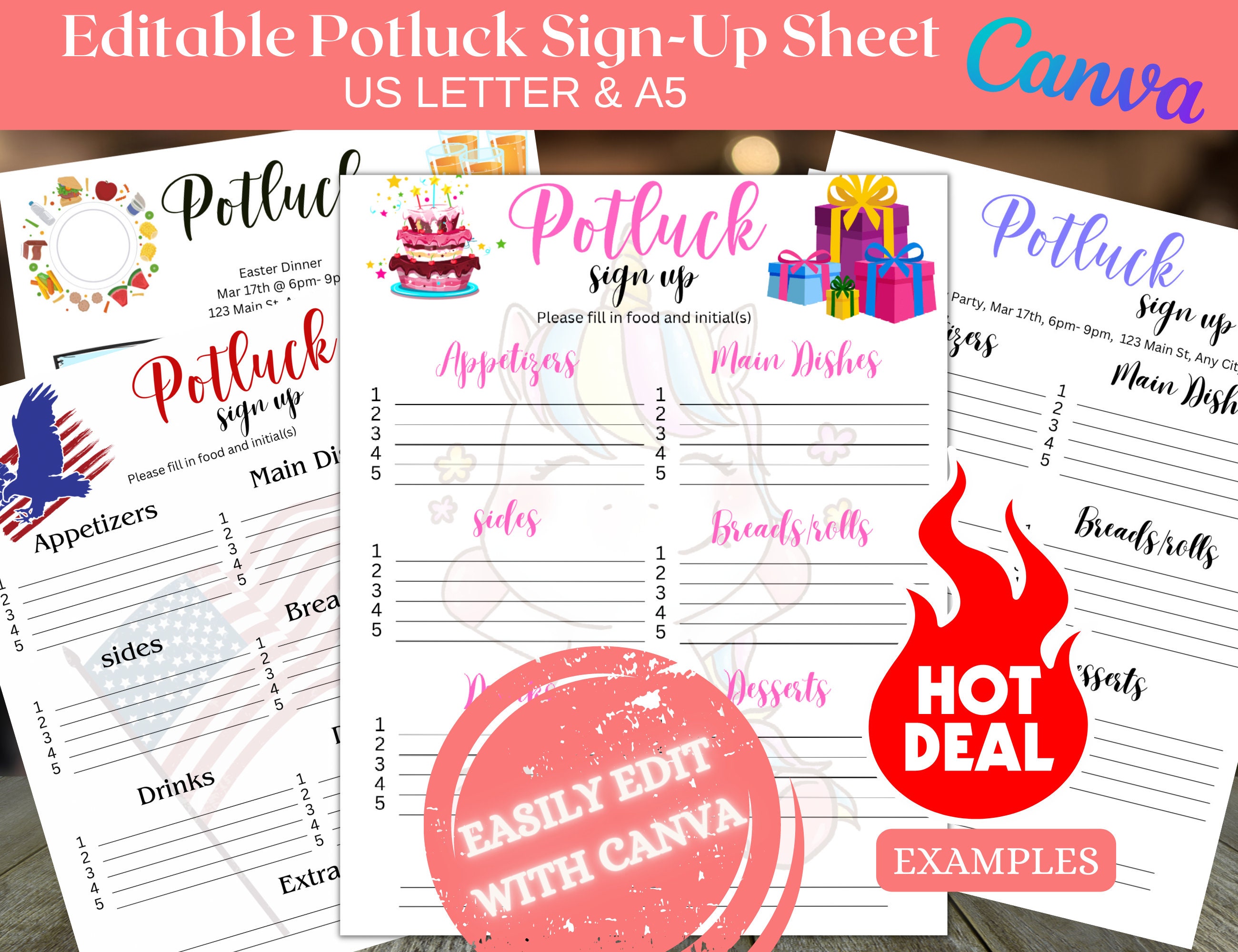 Editable Potluck Sign up Sheets With Canva | Easily Edit These Sheets ...