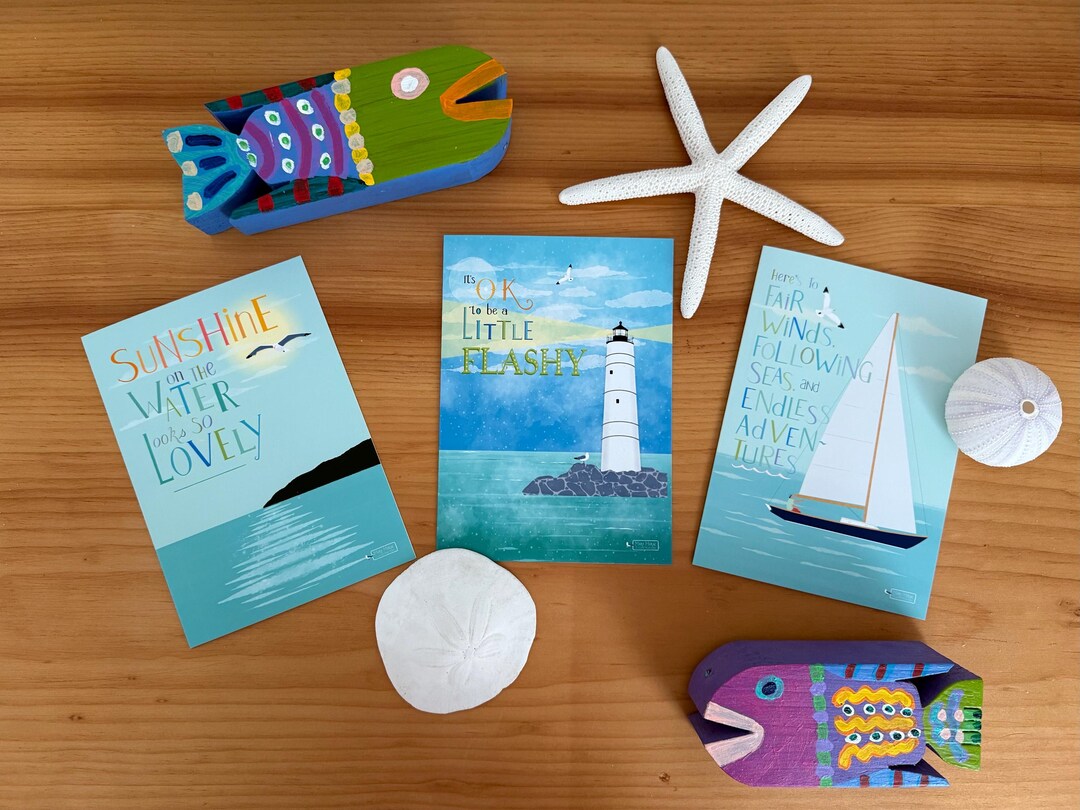 Coastal Watercolor Greeting Cards Set: Nautical Seaside Stationery - Etsy