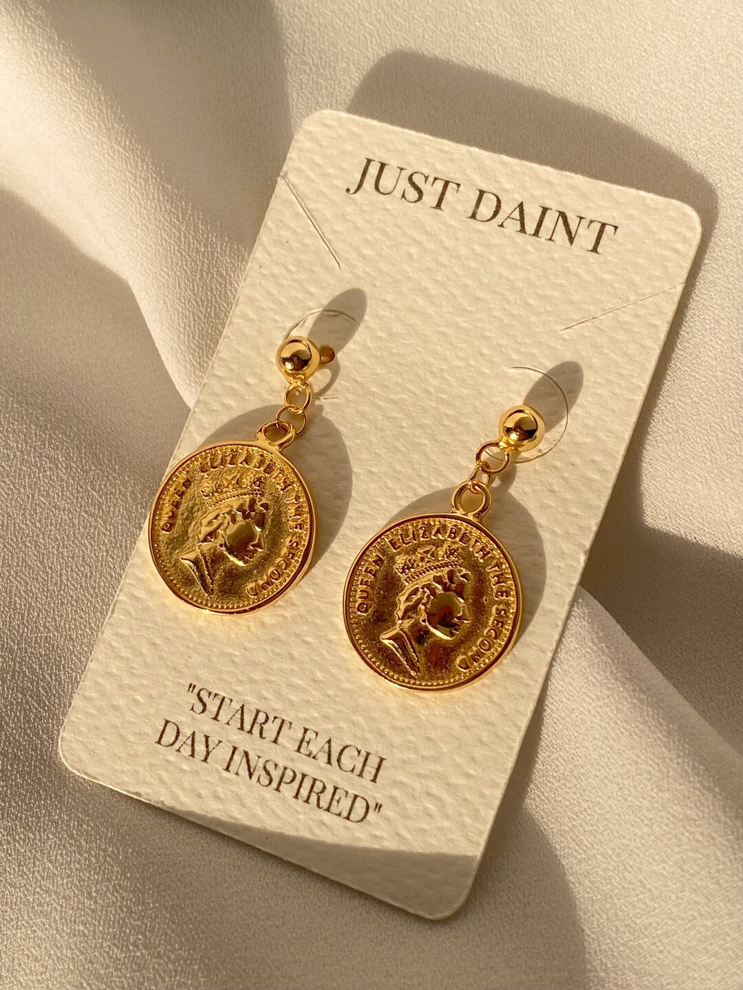 Geneva 18K Gold Vintage Medallion Coin Earrings, Dainty Coin Charm Drop ...