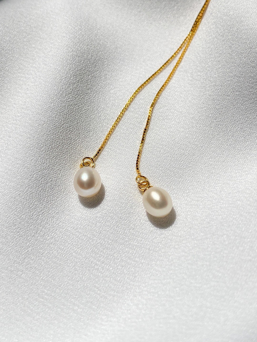 Cordelia 14K Gold Pearl Dangle Threader Earrings, Minimalist Threader ...