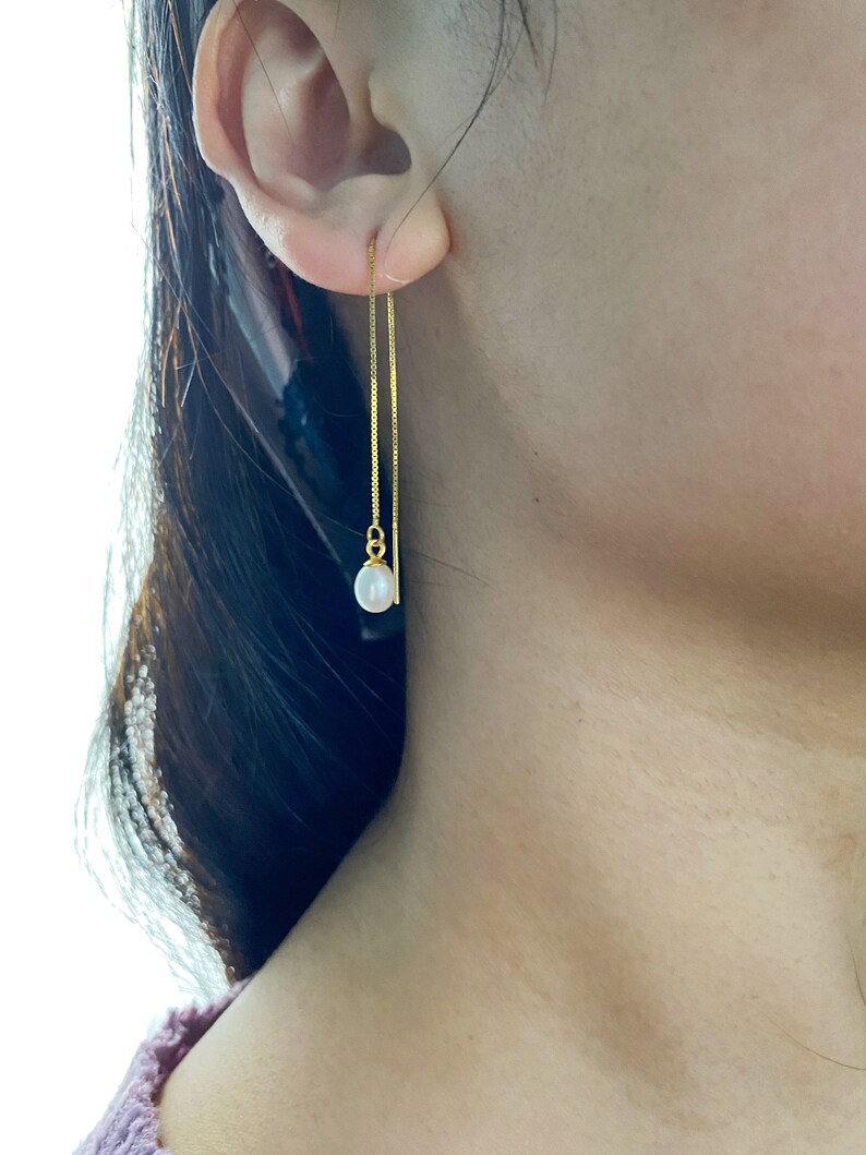 Cordelia 14K Gold Pearl Dangle Threader Earrings, Minimalist Threader ...