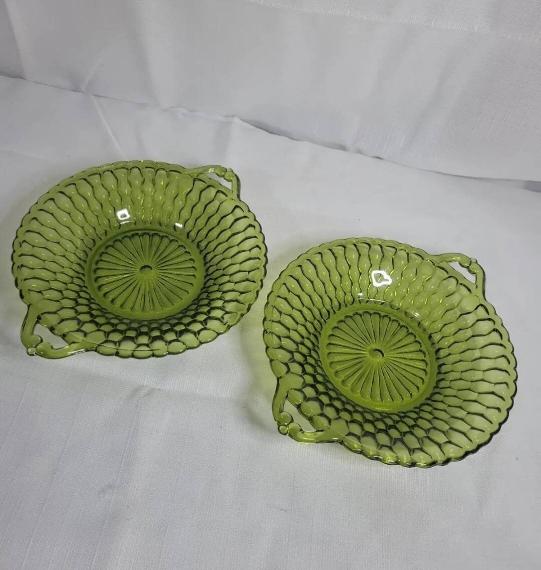 Vintage Indiana Green Glass Honeycomb Two Handle Relish Bowl - Etsy