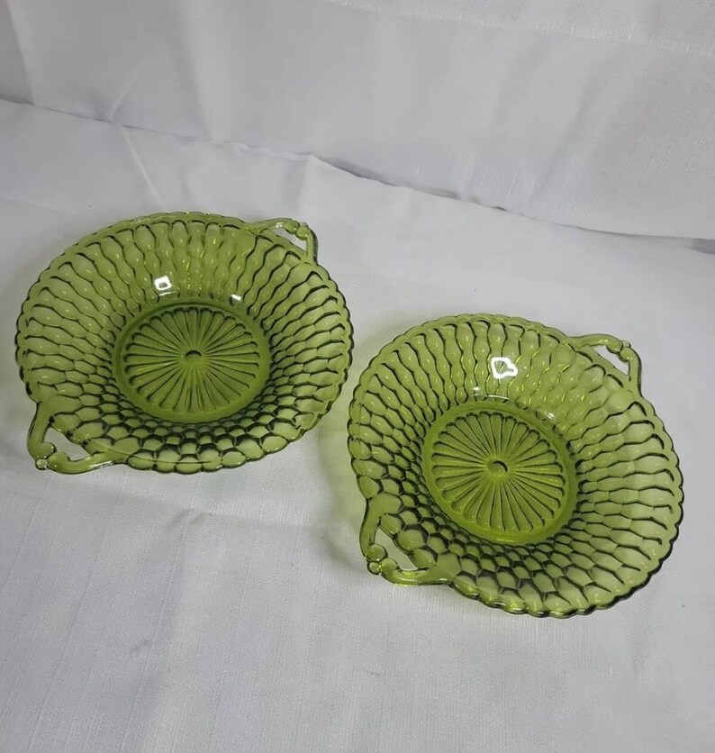 Vintage Indiana Green Glass Honeycomb Two Handle Relish Bowl - Etsy