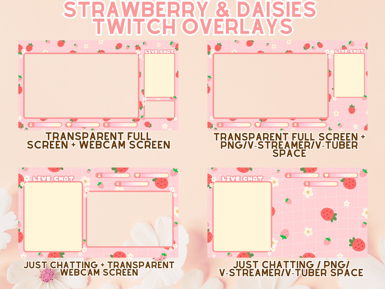Strawberry & Daisy Pre-made Twitch Overlays BUNDLE / Scenes / Non ...