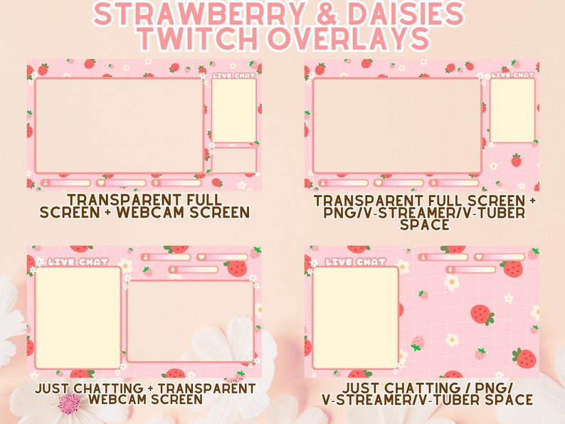 Strawberry & Daisy Pre-made Twitch Overlays BUNDLE / Scenes / Non ...
