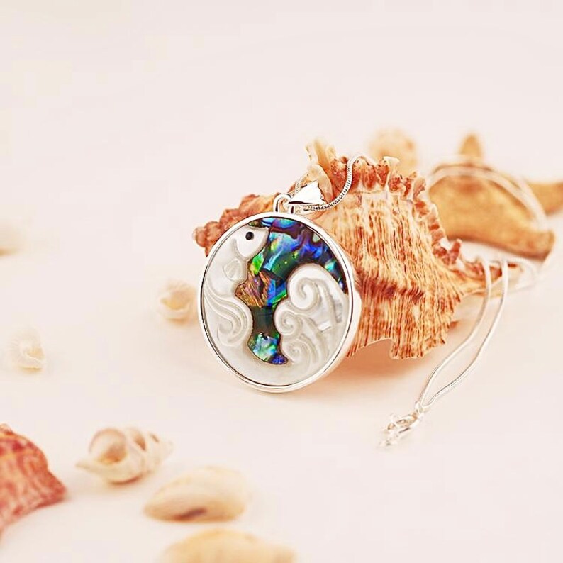 Mother of Pearl and Abalone Betta Fish Necklace, 925 Sterling Silver ...