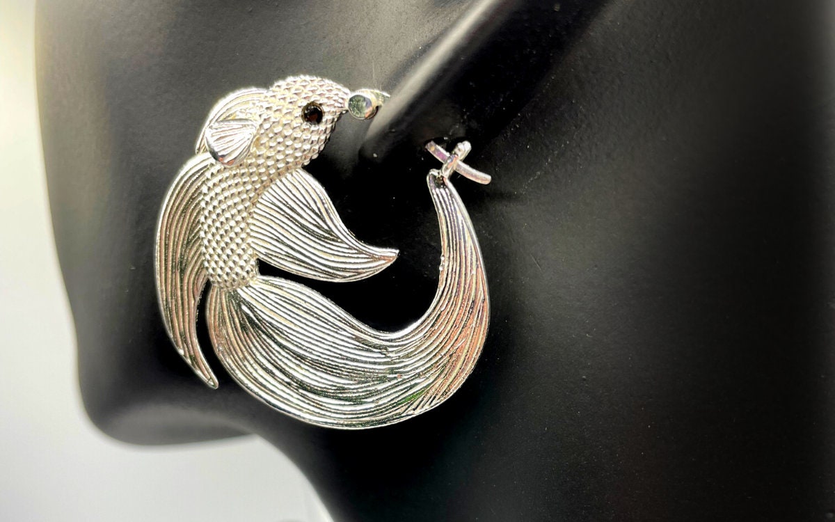 18k Gold Veiltail Betta Fish Hoop Earrings, 3D Siamese Fighting Fish ...