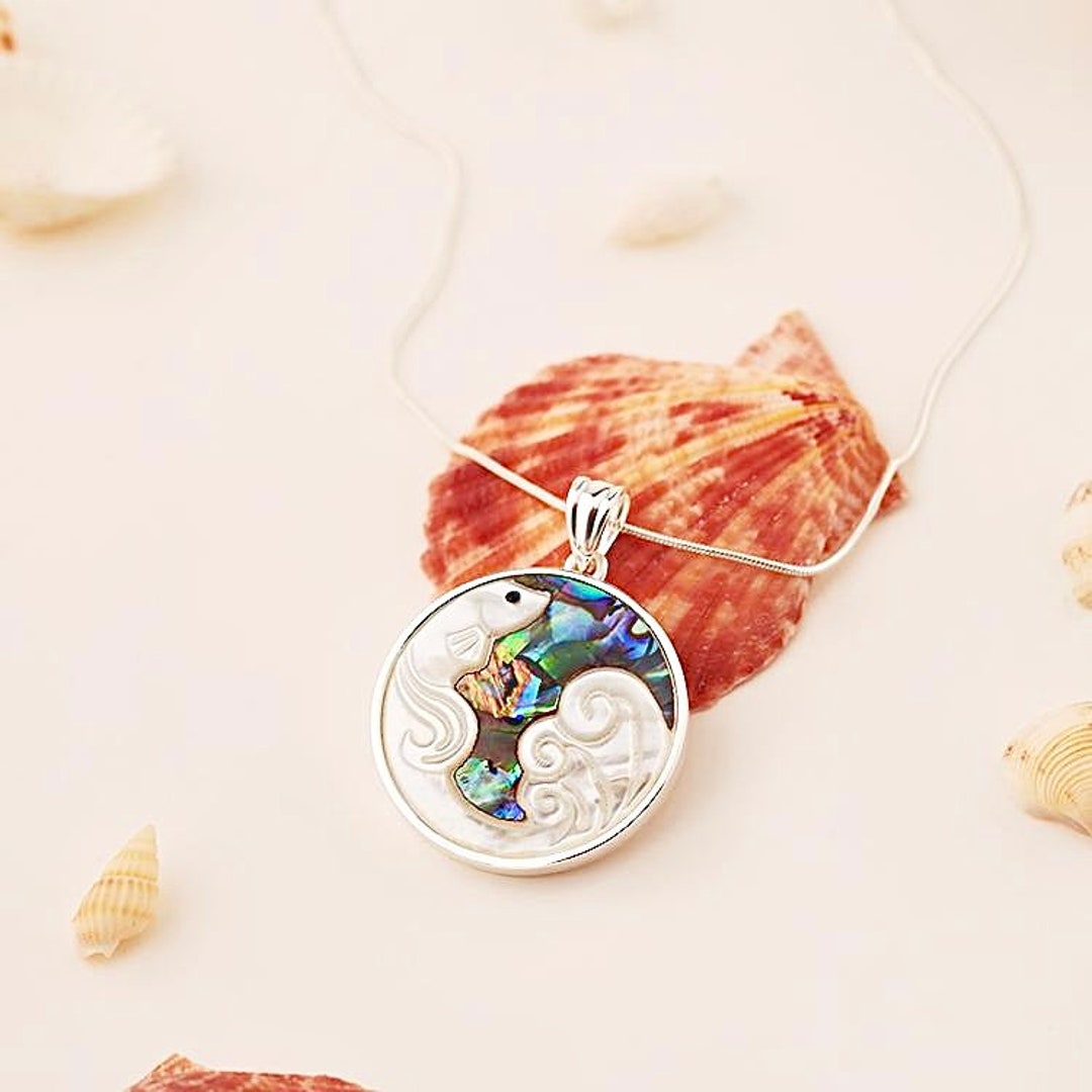 Mother of Pearl and Abalone Betta Fish Necklace, 925 Sterling Silver ...