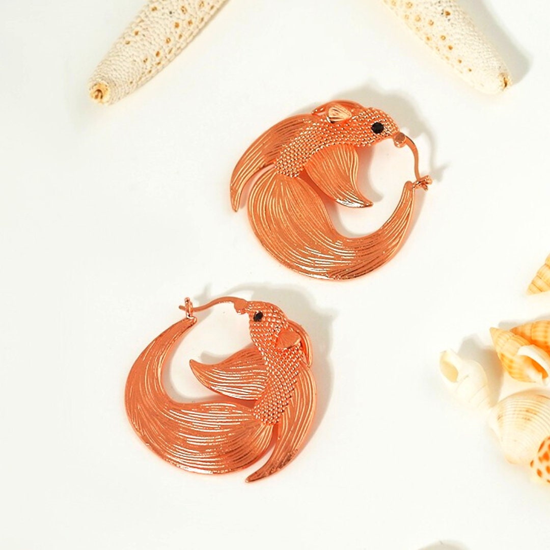 18k Gold Veiltail Betta Fish Hoop Earrings, 925 Sterling Silver Jewelry ...