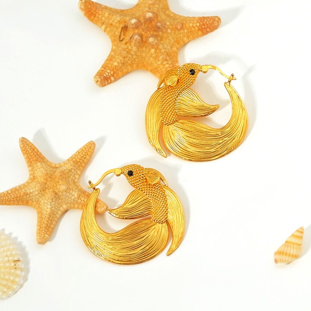 18k Gold Veiltail Betta Fish Hoop Earrings, 3D Siamese Fighting Fish ...