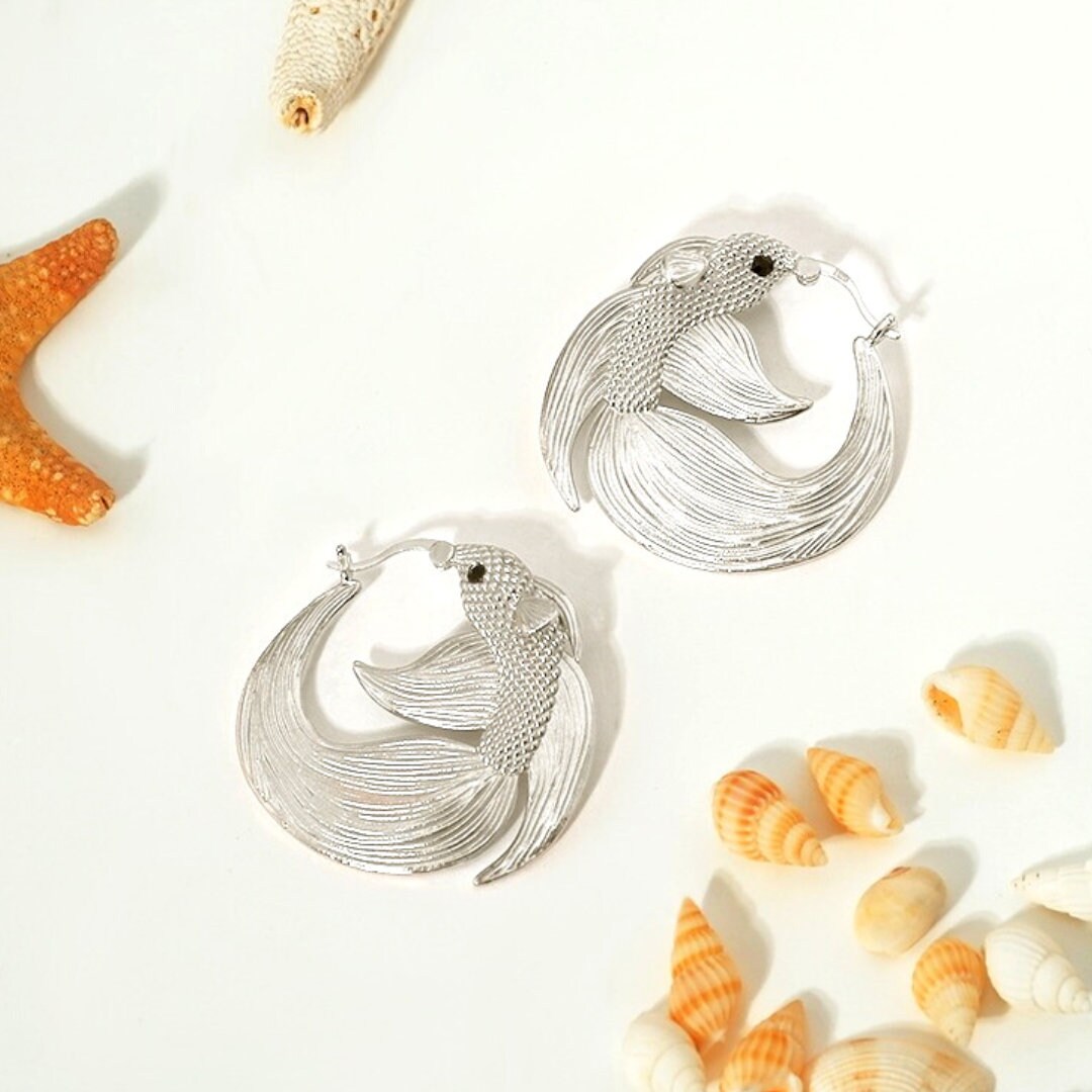 18k Gold Veiltail Betta Fish Hoop Earrings, 925 Sterling Silver Jewelry ...