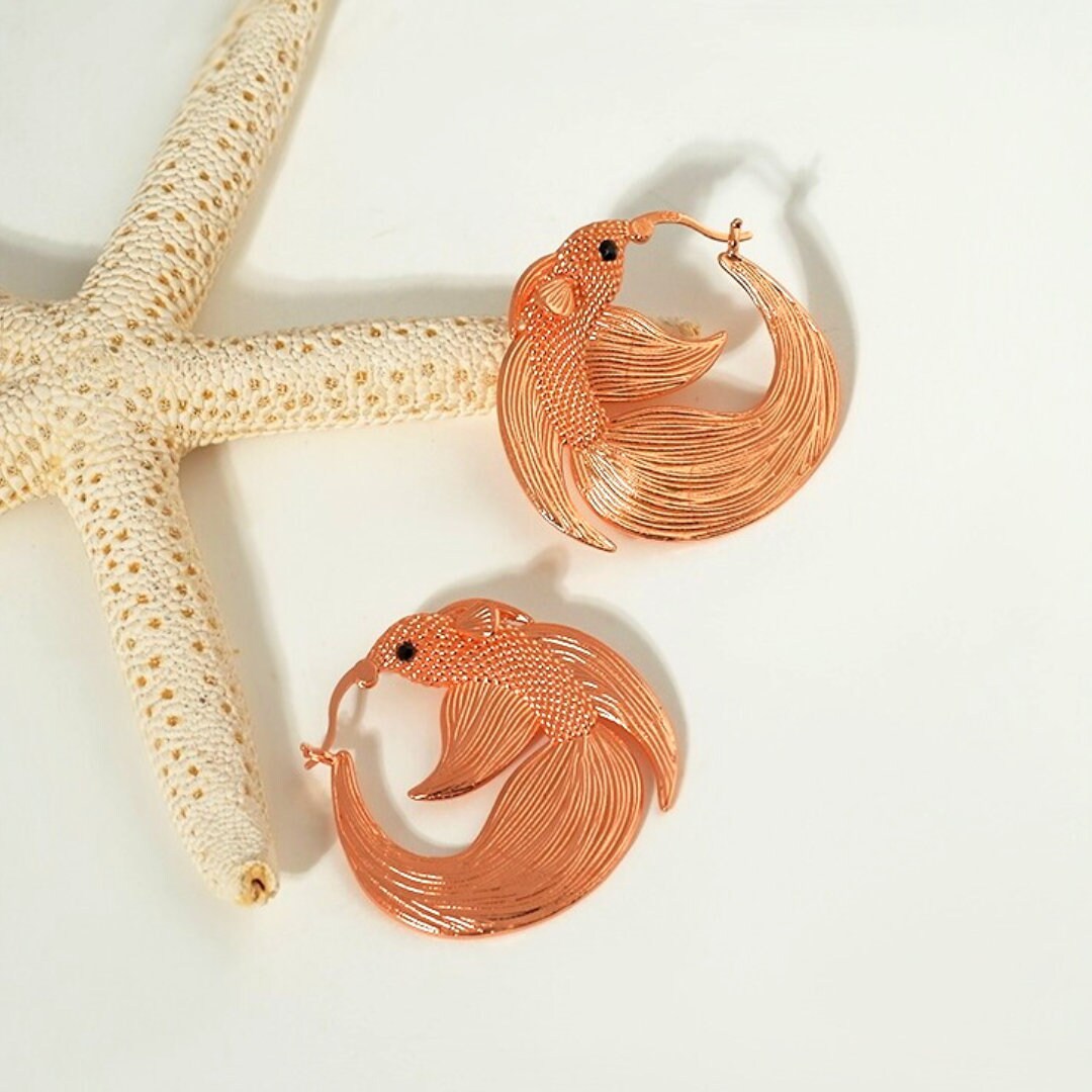 18k Gold Veiltail Betta Fish Hoop Earrings, 925 Sterling Silver Jewelry ...