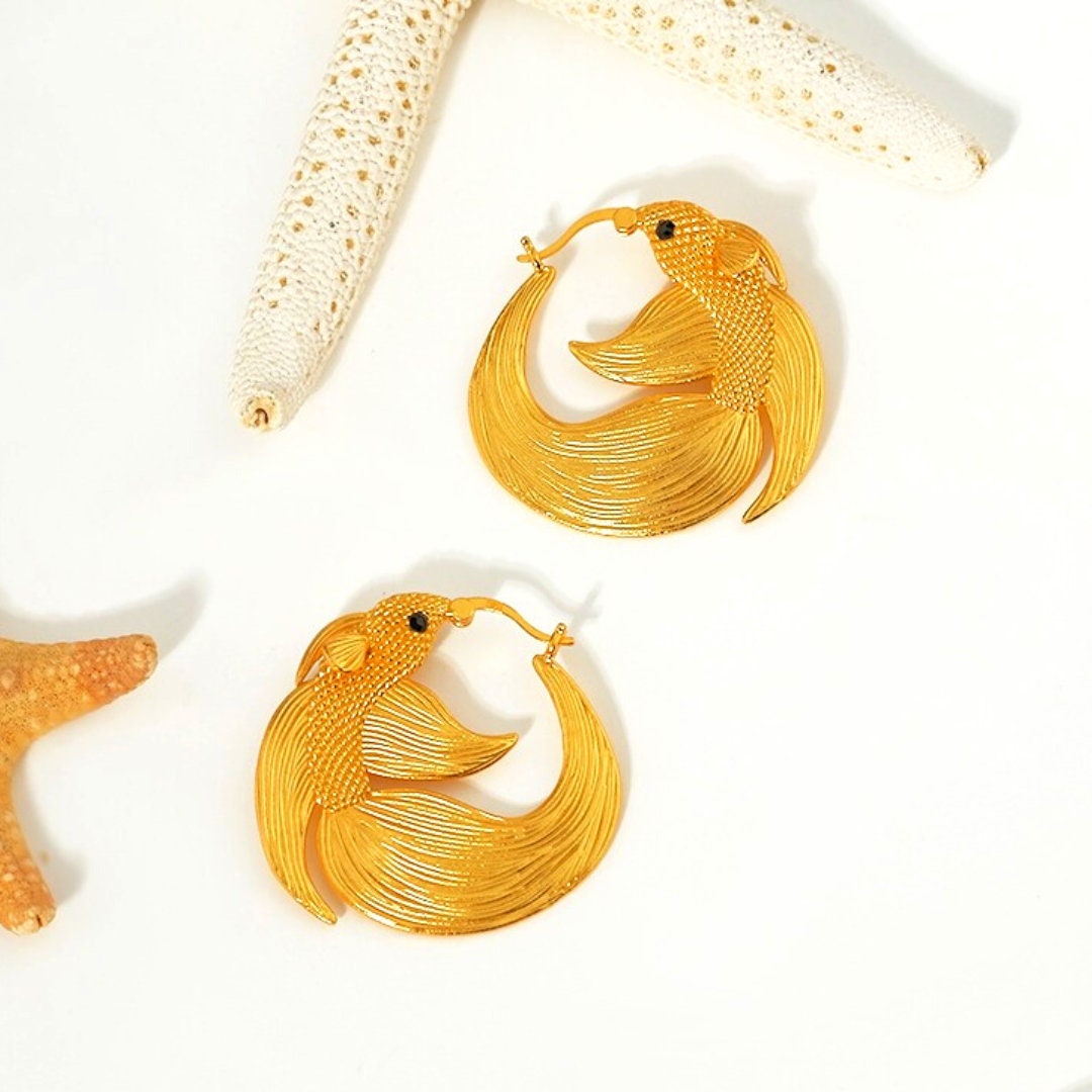 18k Gold Veiltail Betta Fish Hoop Earrings, 925 Sterling Silver Jewelry ...