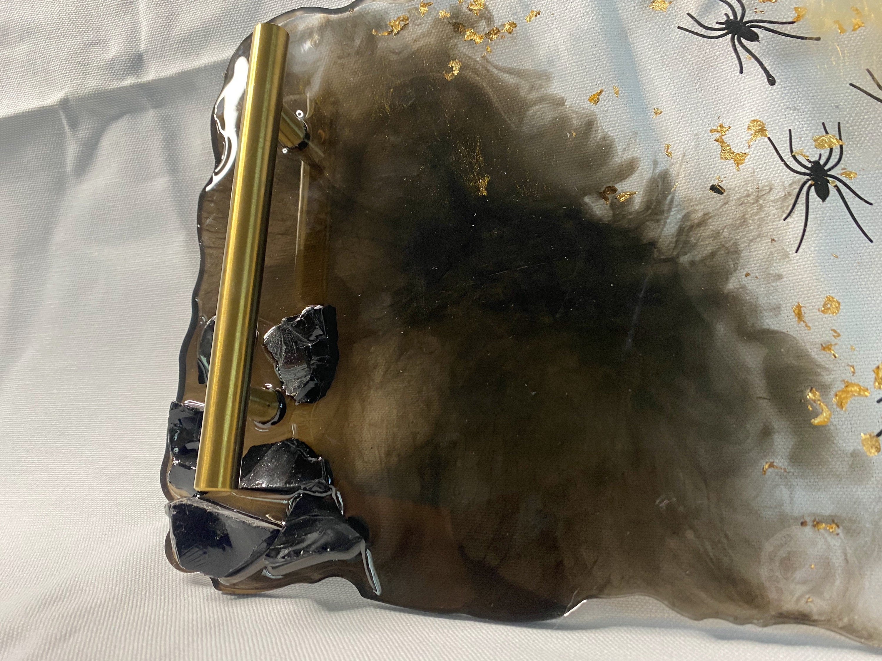Golden Spider W/ Obsidian Crystals Tray Epoxy Resin - Etsy