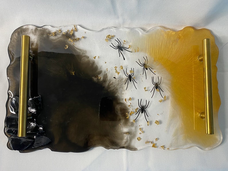 Golden Spider W/ Obsidian Crystals Tray Epoxy Resin - Etsy