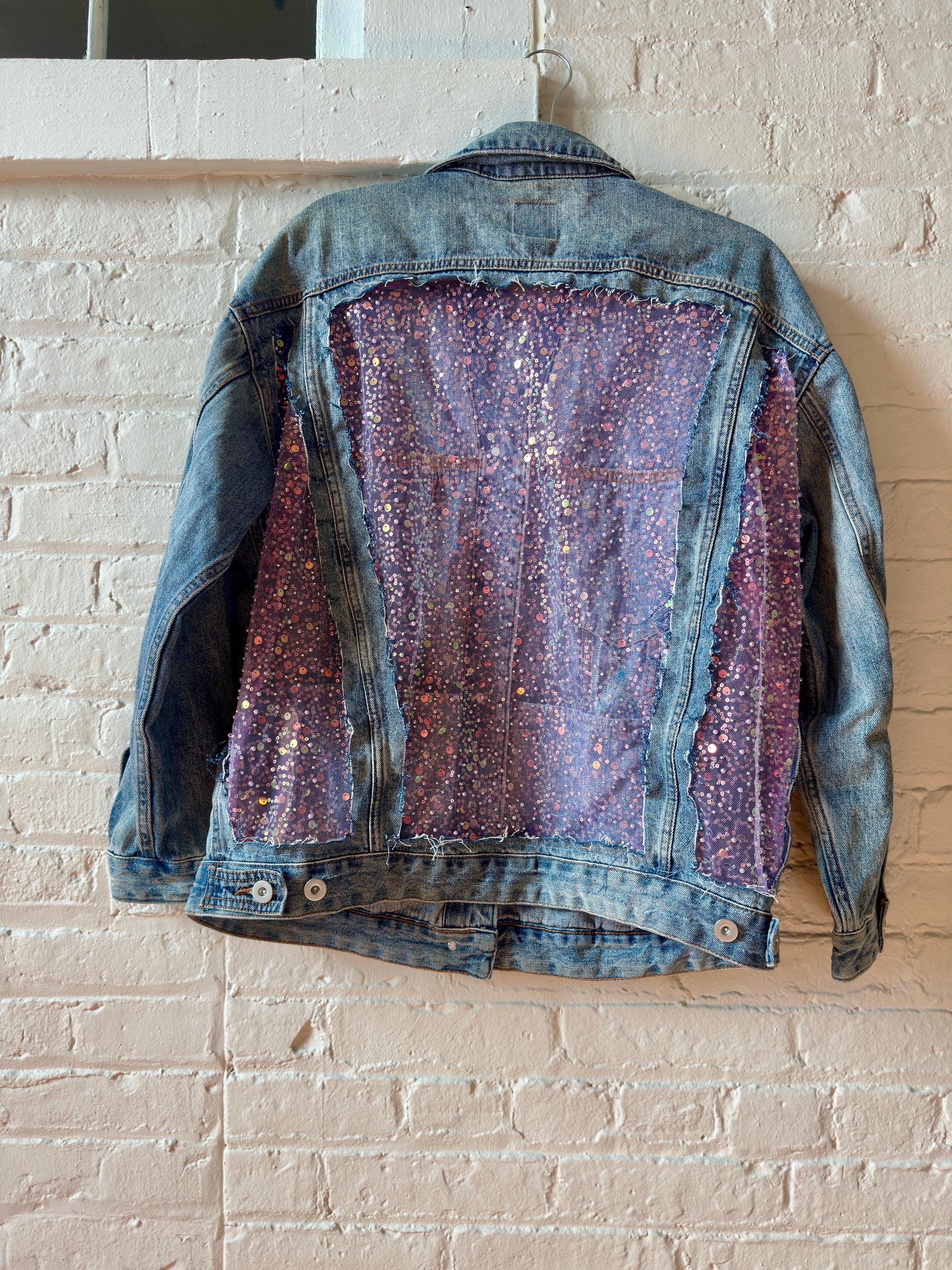 Custom Oversized Blue Denim Jean Jacket With Sheer Lace Back With ...