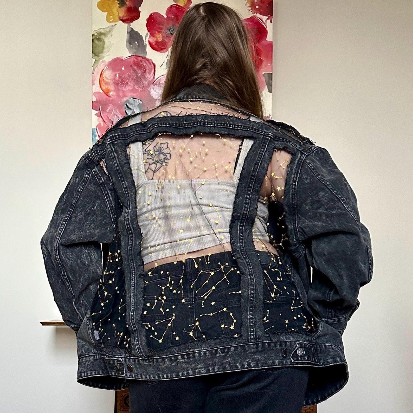 Oversized Custom Denim Black Jean Constellation Jacket With Sheer Lace ...