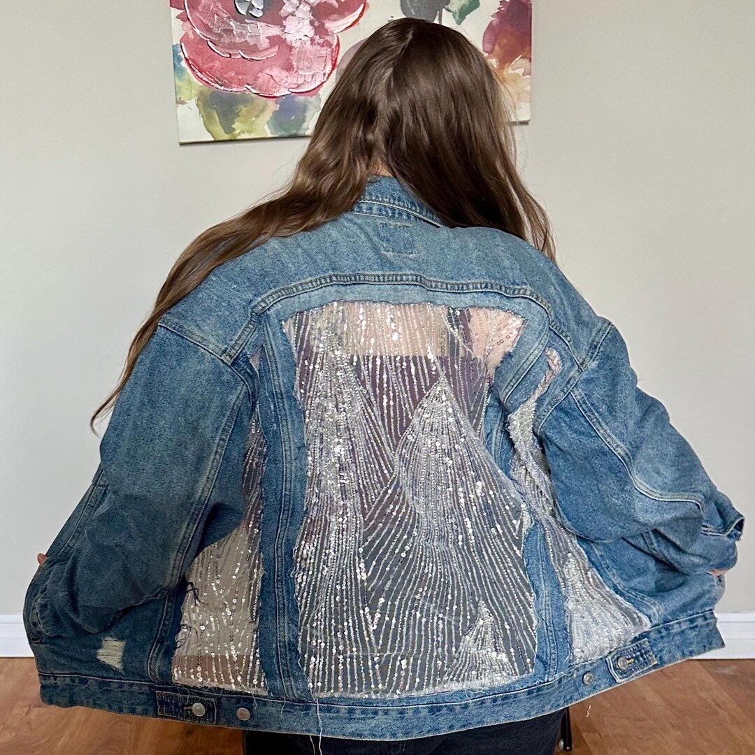 Custom Oversized Blue Denim Jean Jacket With Sheer Lace Back With ...