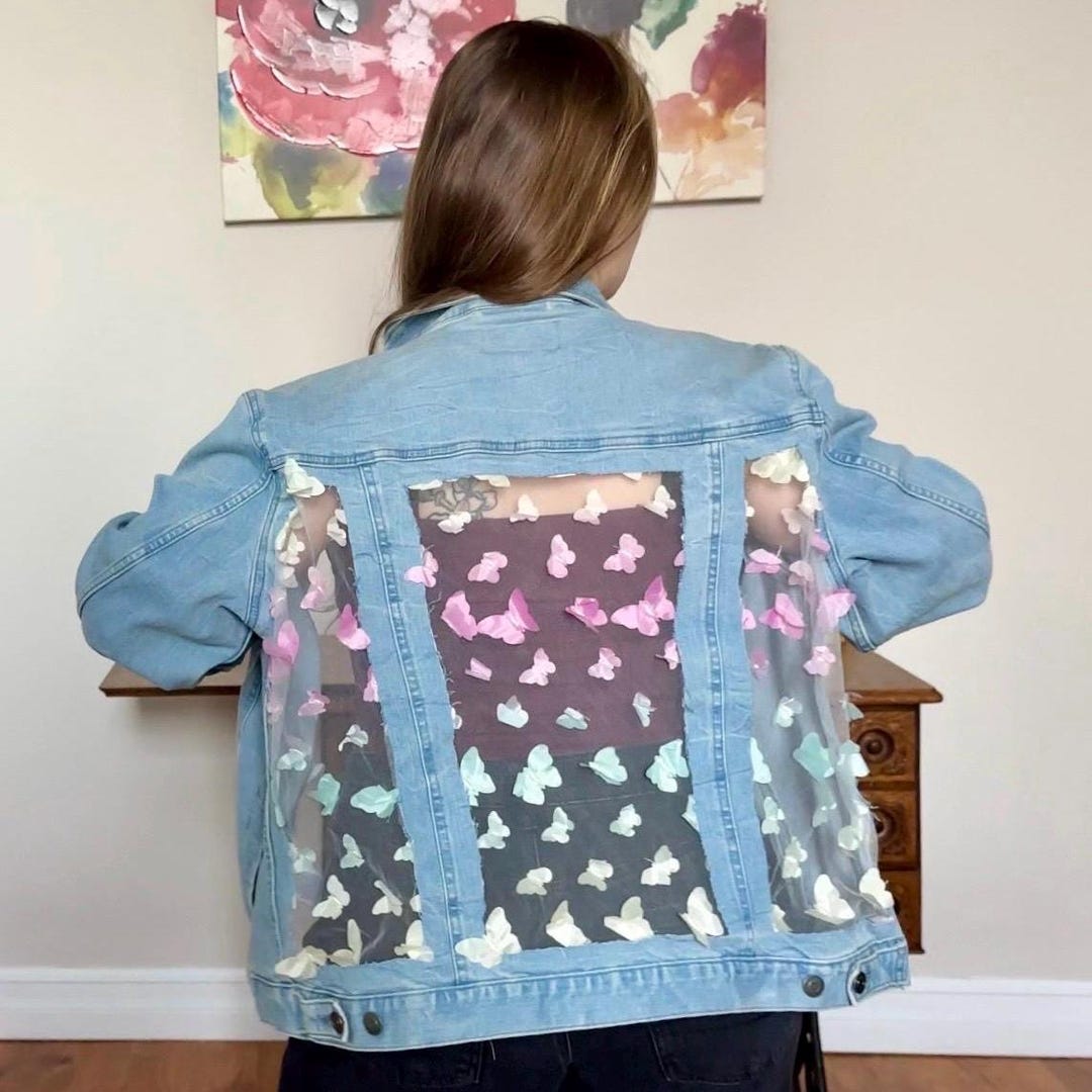 Custom Denim Oversized Jacket With Sheer White Lace and 3D Rainbow ...