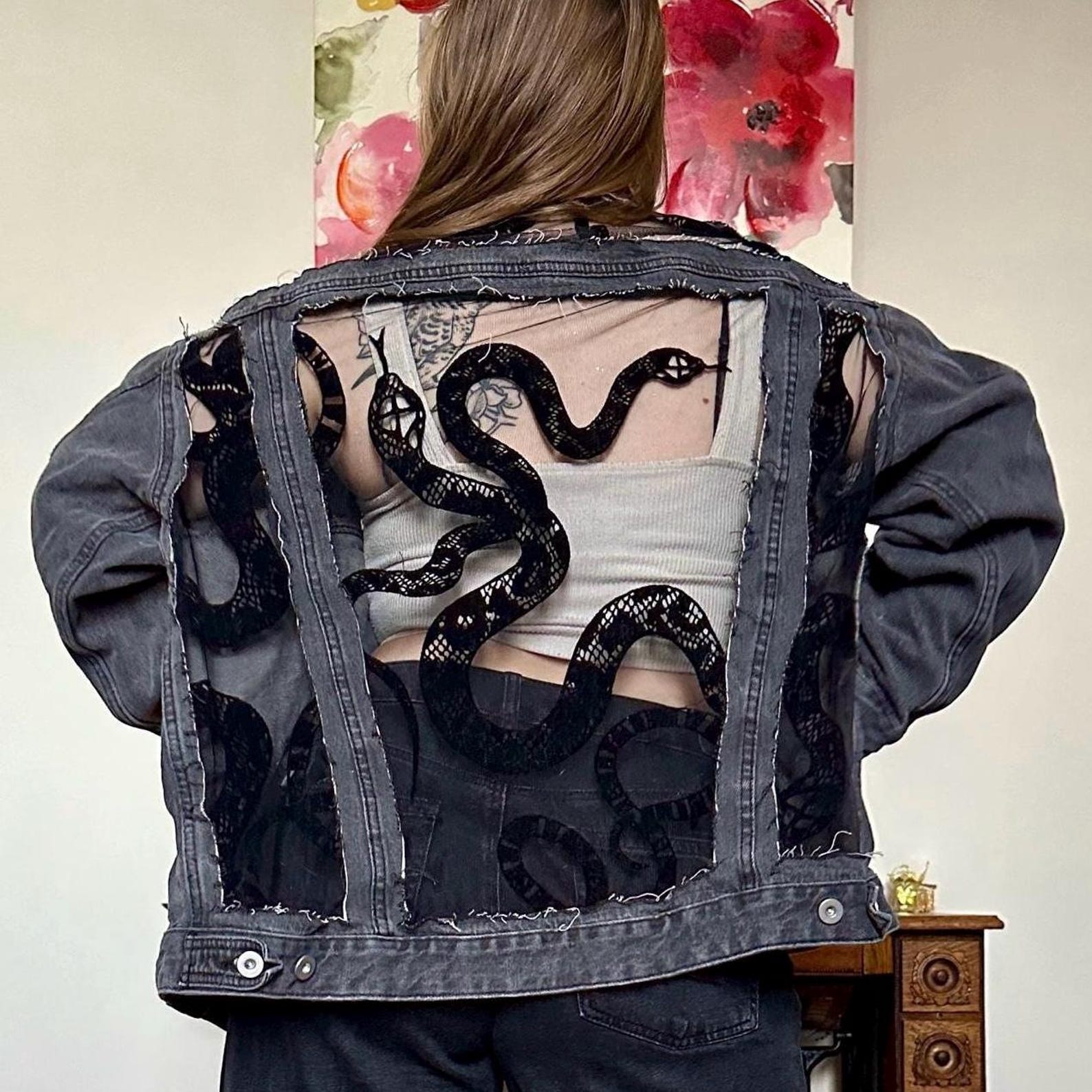 Oversized Custom Denim Black Jean Snake Jacket With Sheer Lace Back ...