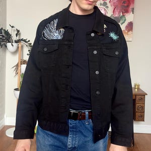 Unique Oversized Custom Black Denim Outer Space Jacket With Sheer Lace ...