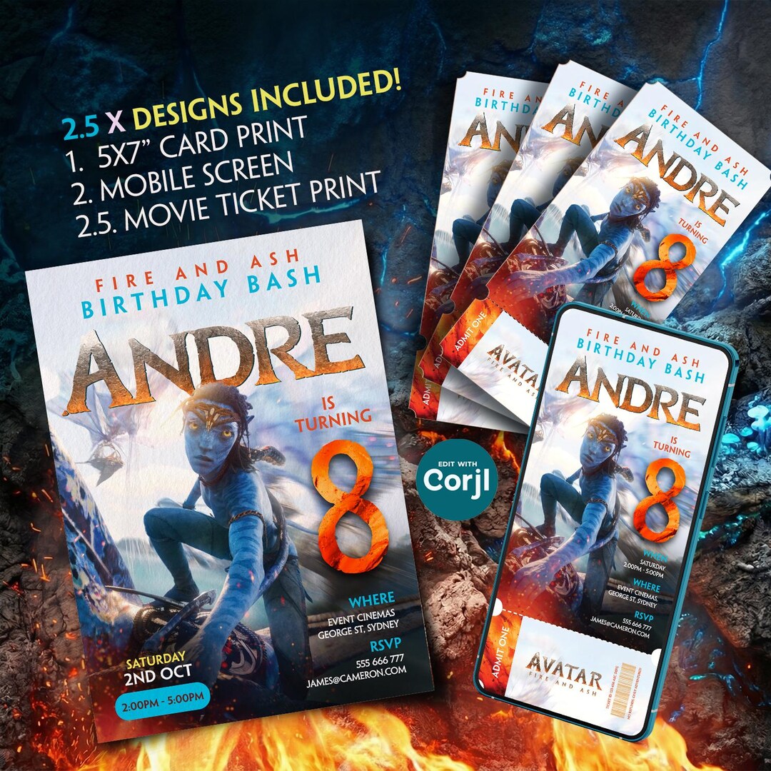 Avatar 3 Fire and Ash Birthday Invite | Editable Movie Ticket ...