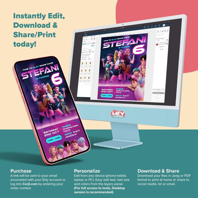 Editable K-pop Demon Hunters Birthday Invite Custom Digital Template ...