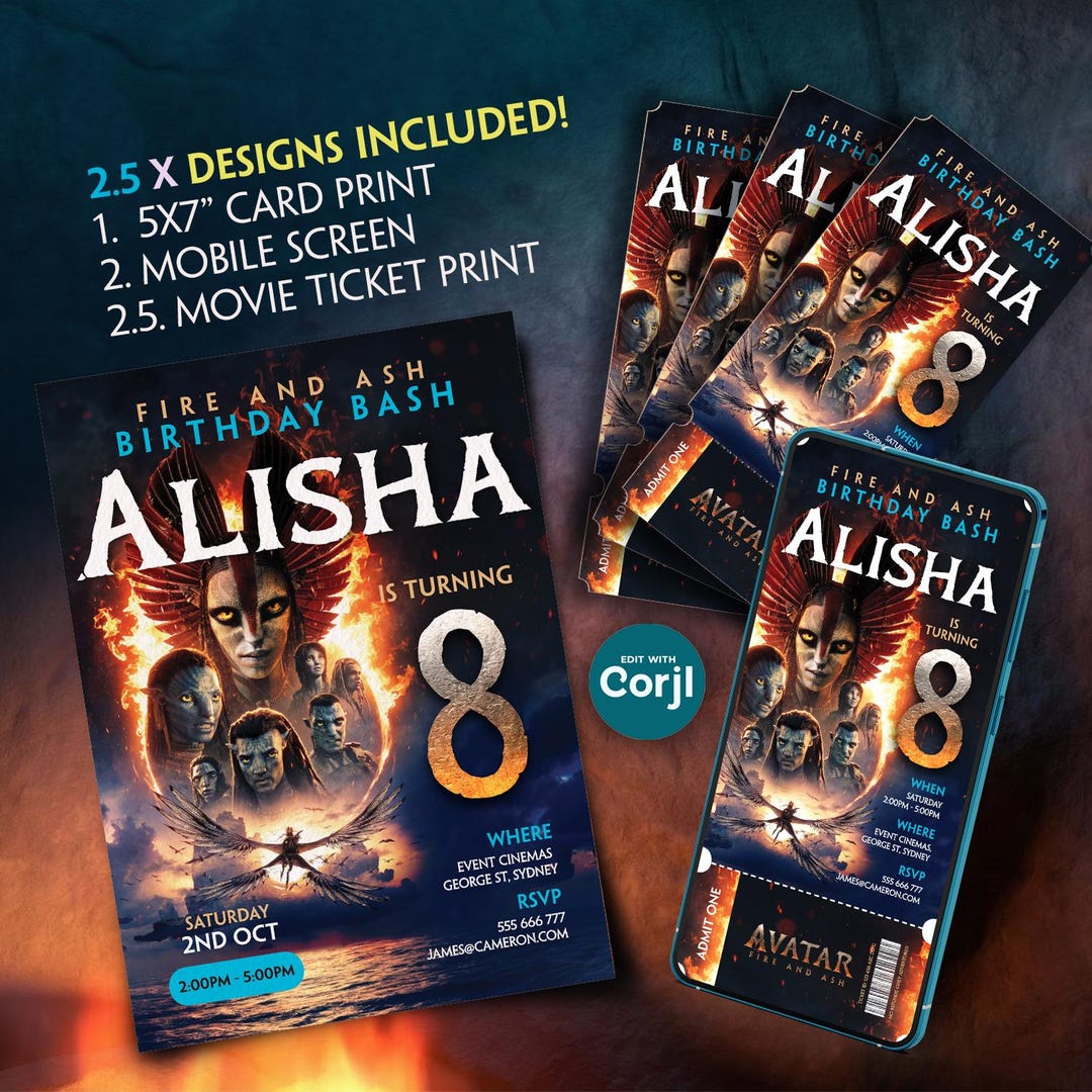 Avatar 3 Fire and Ash Birthday Invite | Editable Movie Ticket ...