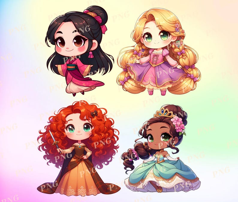 12 Designs Chibi Princesses Png Bundle, Cartoon Princess Png Bundle ...