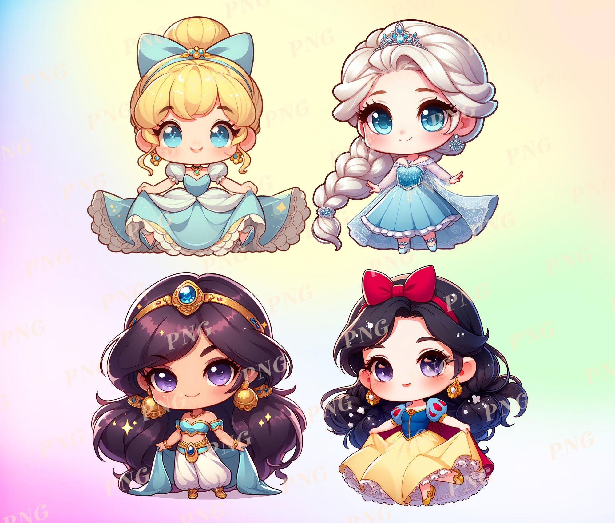 12 Designs Chibi Princesses Png Bundle, Cartoon Princess Png Bundle ...