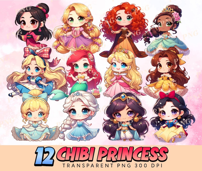 12 Designs Chibi Princesses Png Bundle, Cartoon Princess Png Bundle ...