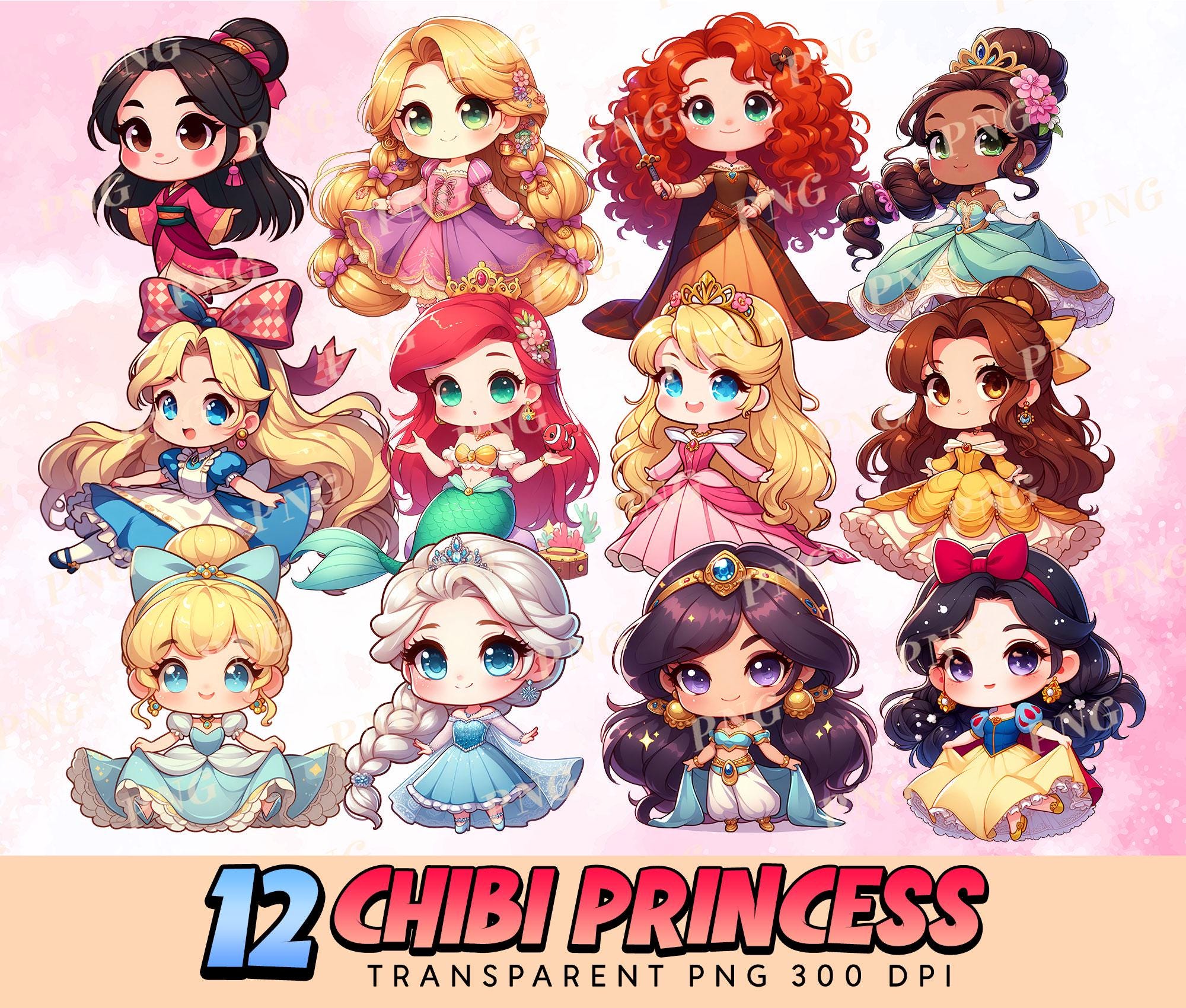 12 Designs Chibi Princesses Png Bundle, Cartoon Princess Png Bundle ...